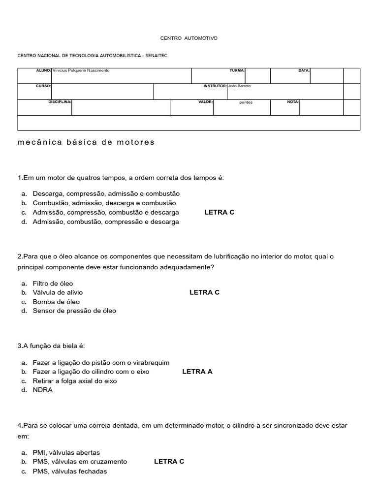 Atividade - Doc 20240301 212726 0000 | PDF | Motores | Pistão