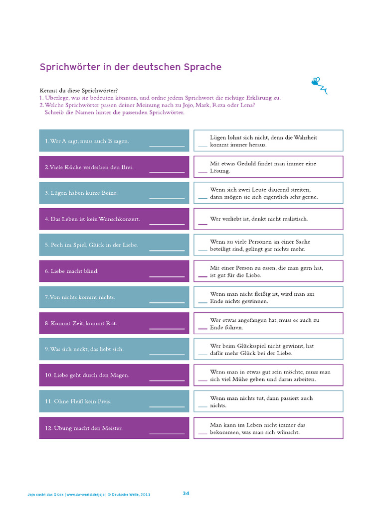 Arbeitsblatt Sprichwoerter in Der Deutschen Sprache Jojo Sucht Das ...