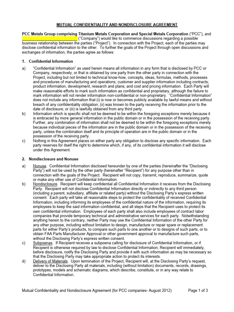 PCC Metals Mutual NDA Agreement | PDF | Non Disclosure Agreement ...