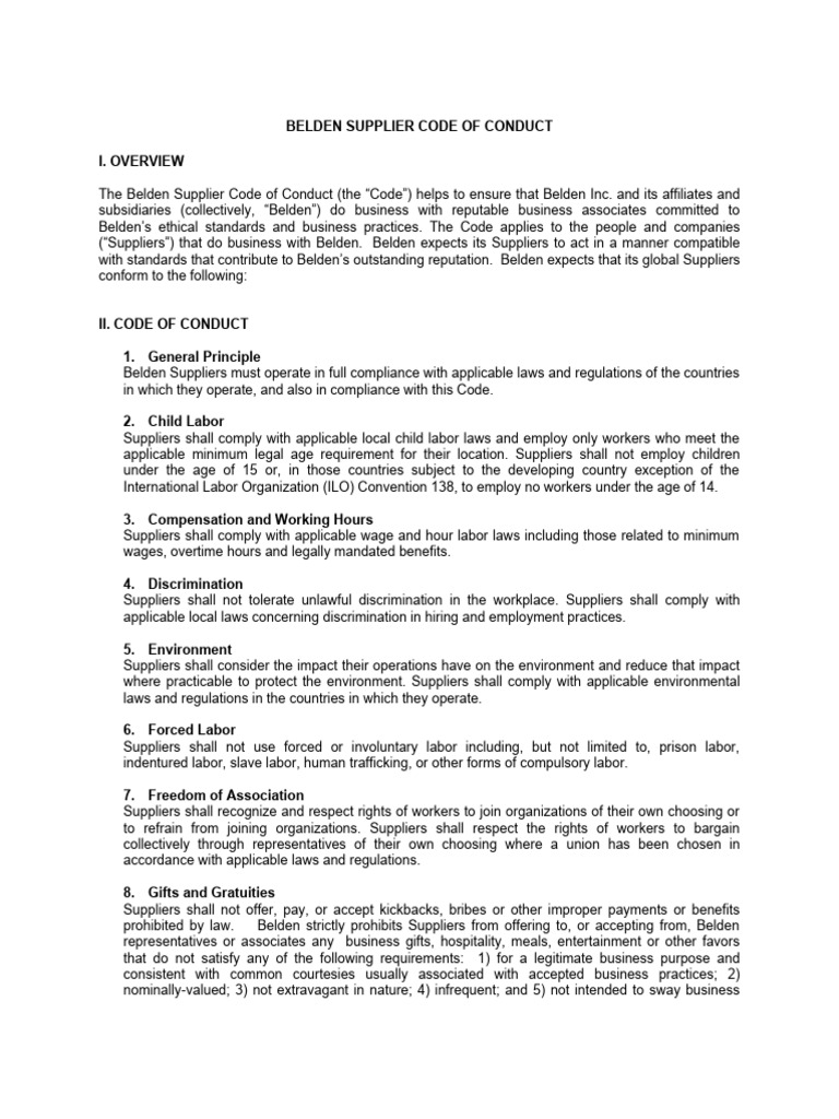 Belden Supplier Code of Conduct | PDF | Labour Law | International ...