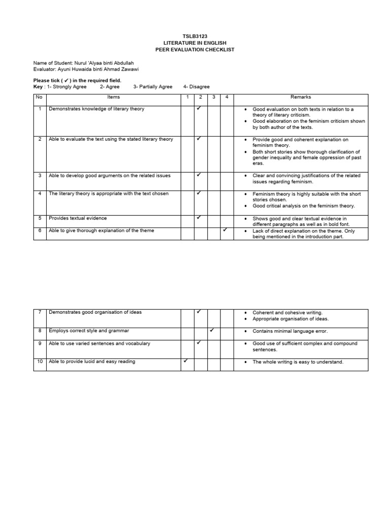 Peer Evaluation Checklist for Literary Analysis | PDF | Feminism ...