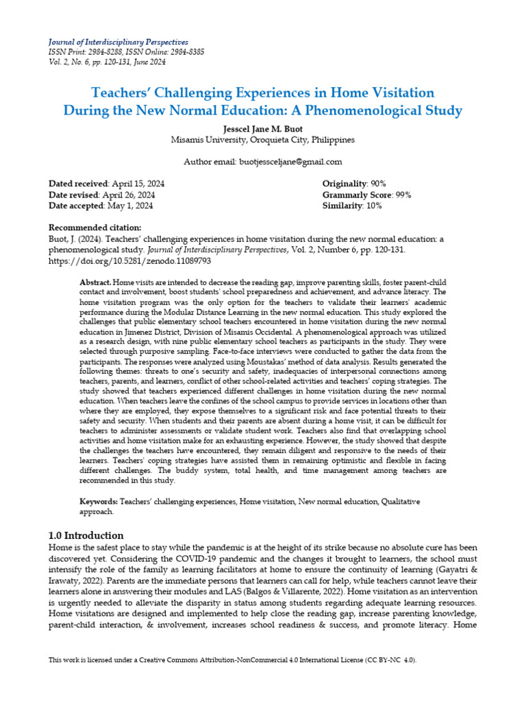 Teachers’ Challenging Experiences in Home Visitation During the New ...