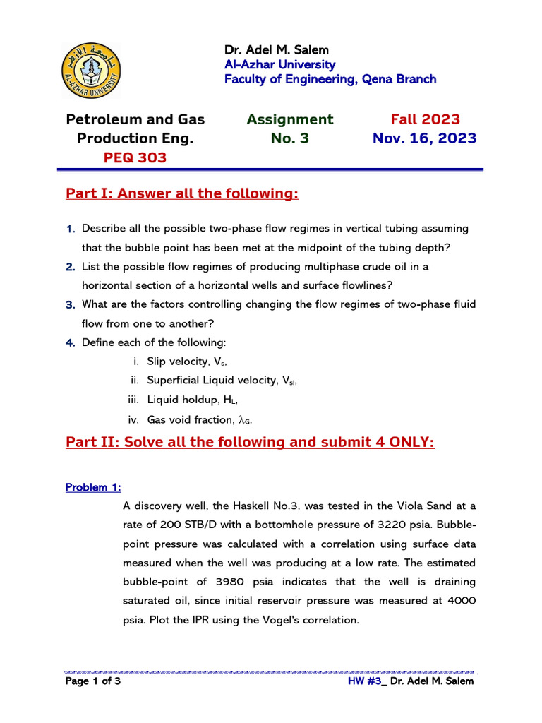 HW - 3 - PEQ 303 - Dr. Adel Salem - Fall 2023 | PDF | Petroleum ...