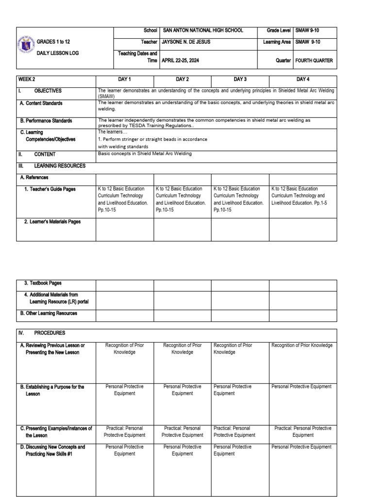 DLL SMAW 9-10 q2 | PDF | Curriculum | Learning