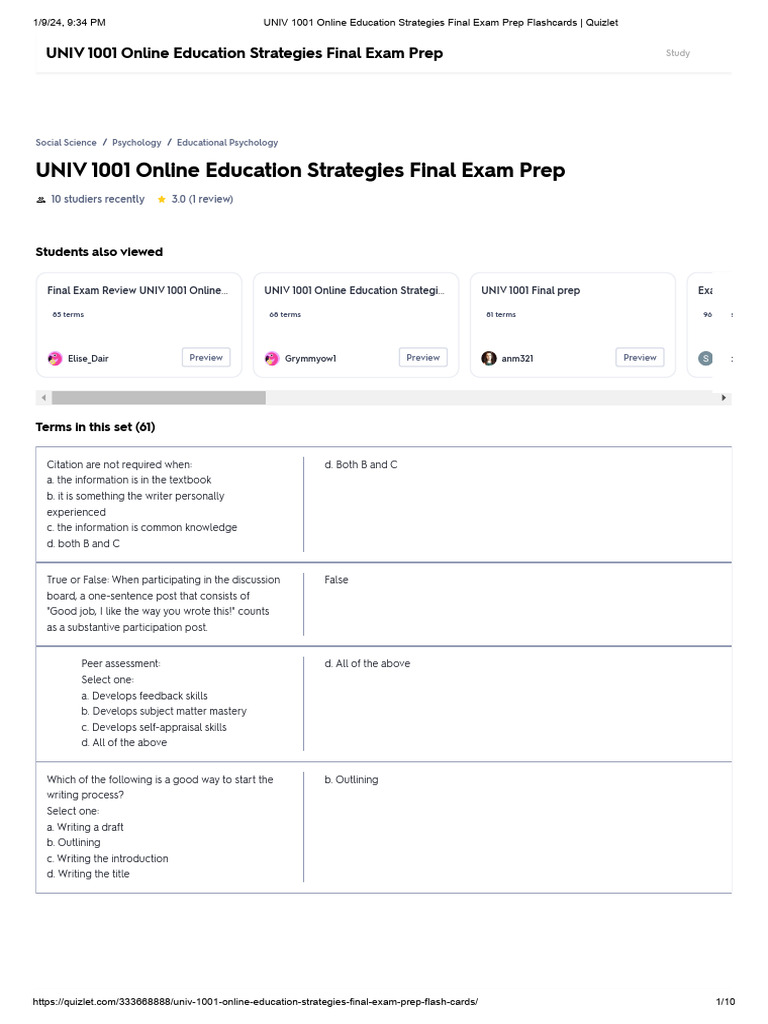 UNIV 1001 Online Education Strategies Final Exam Prep Flashcards - Quizlet | PDF | Learning ...
