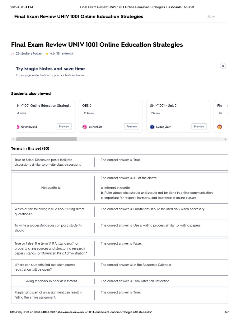 Final Exam Review UNIV 1001 Online Education Strategies Flashcards ...