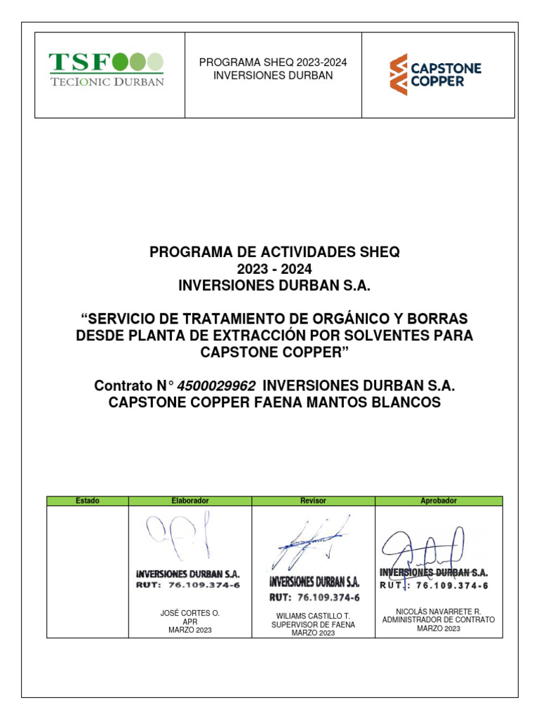 Plan SHEQ TSF 2023 - 2024 V2 | Descargar gratis PDF | Seguridad y salud ...