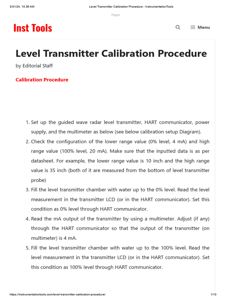 Level Transmitter Calibration Procedure - InstrumentationTools | PDF ... Level Transmitter Calibration Procedure - InstrumentationTools | PDF ...