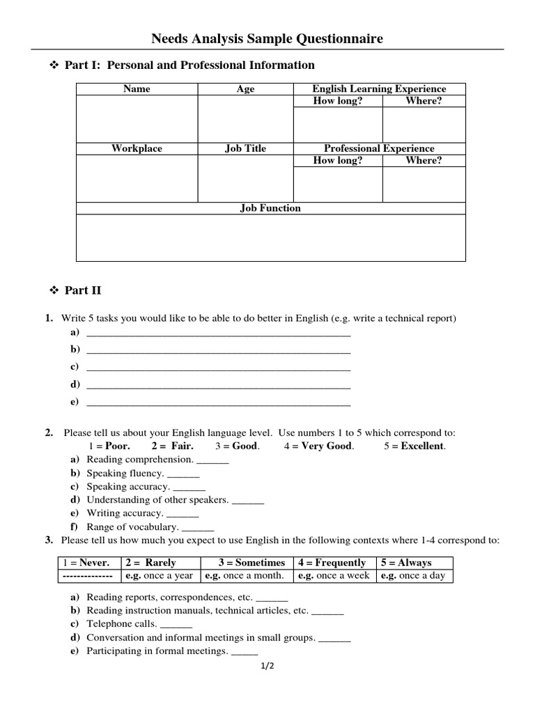 Needs Analysis Sample Questionnaire l3 - 2023 - 2024 - Copie | PDF ...