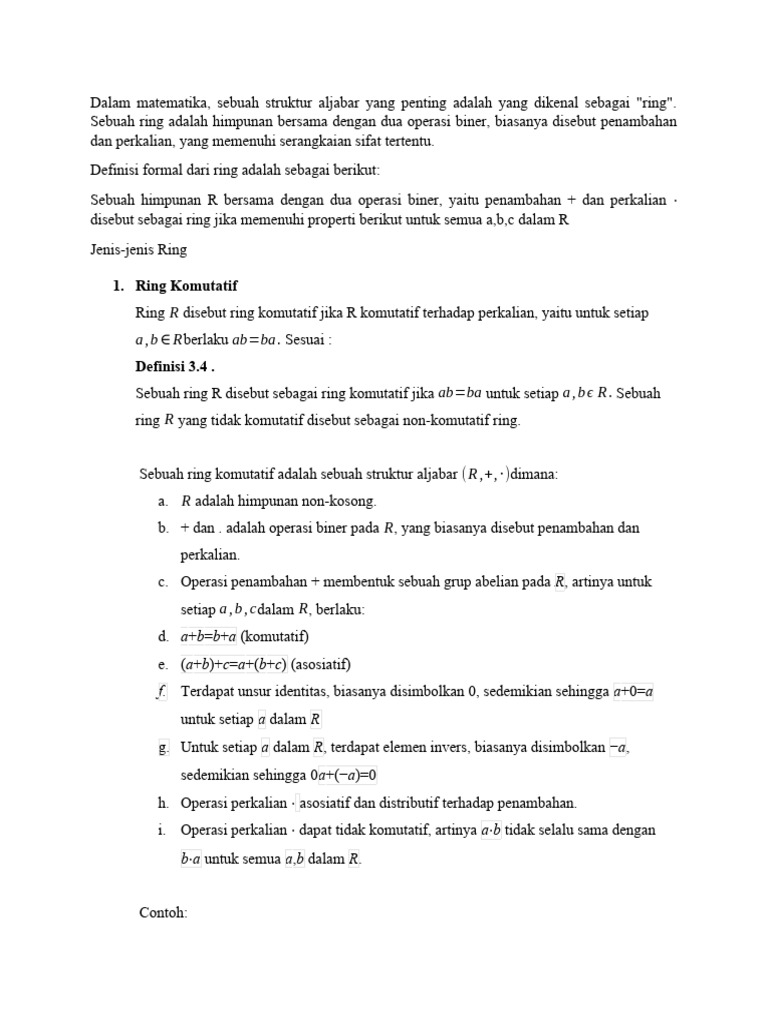 Defenisi, Jenis Jenis Ring, Rabiatul Adawiyah Aljabar Pertemuan | PDF