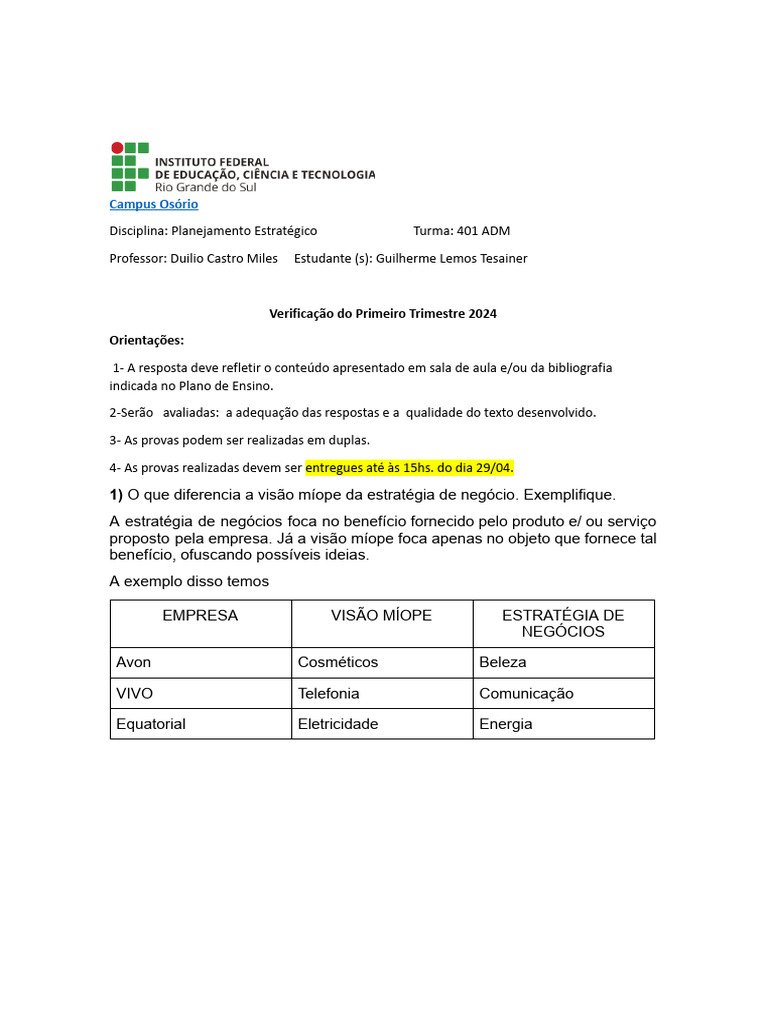 Prova 29/04 - Guilherme 401 ADM | PDF | Planejamento | Mercado (economia)
