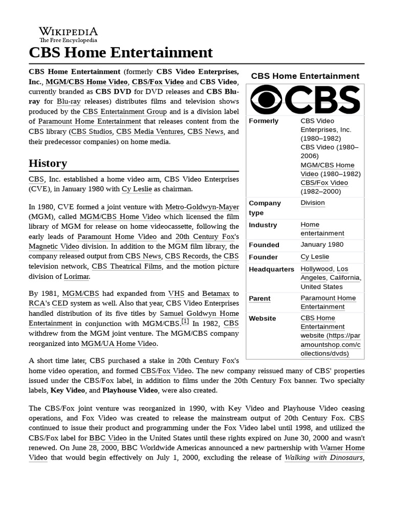 CBS Home Entertainment | PDF | Entertainment Companies | Video