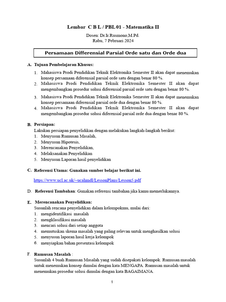 Matematika II 120 - Lembar PBL 01 - AB | PDF