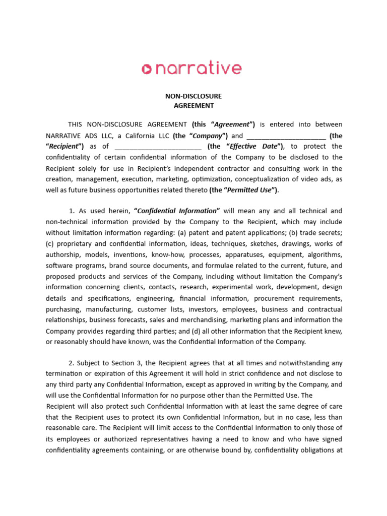 Narrative NDA | PDF | Non Disclosure Agreement | Civil Law (Legal System)