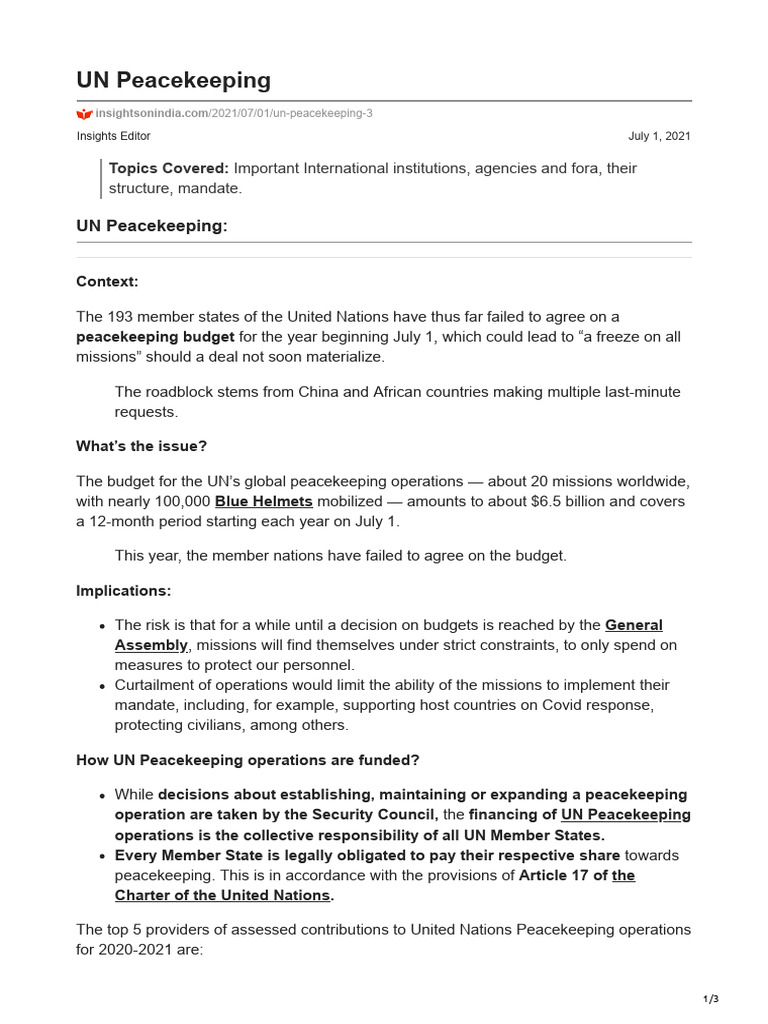 UN Peacekeeping Budget Crisis Explained | PDF | United Nations ...