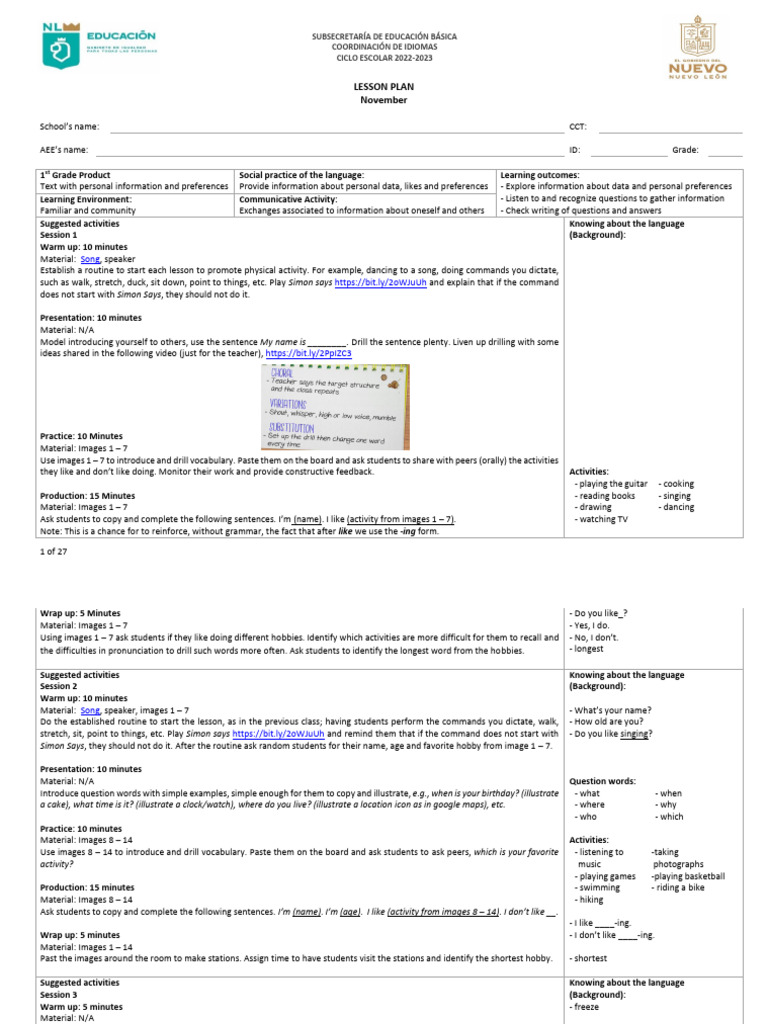 1st Grade Lesson Plan November | PDF | Information | Learning