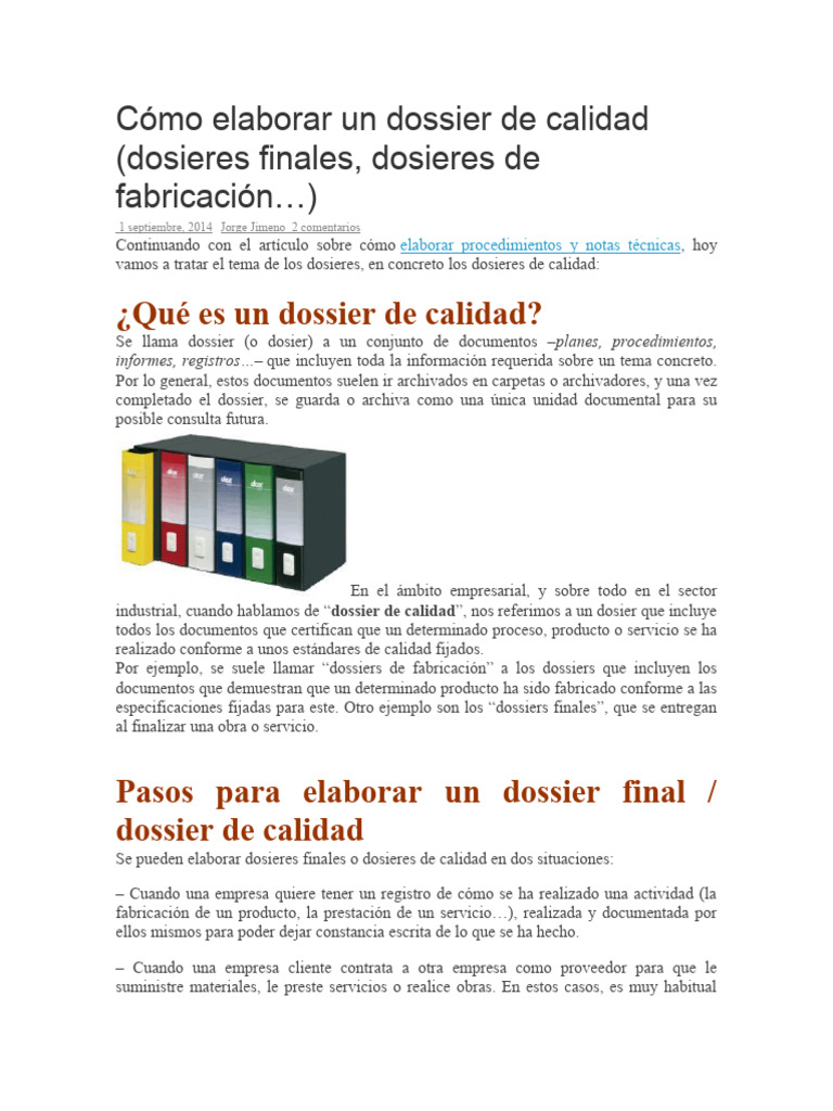 Cómo Elaborar Un Dossier de Calidad | Descargar gratis PDF | Calidad ...