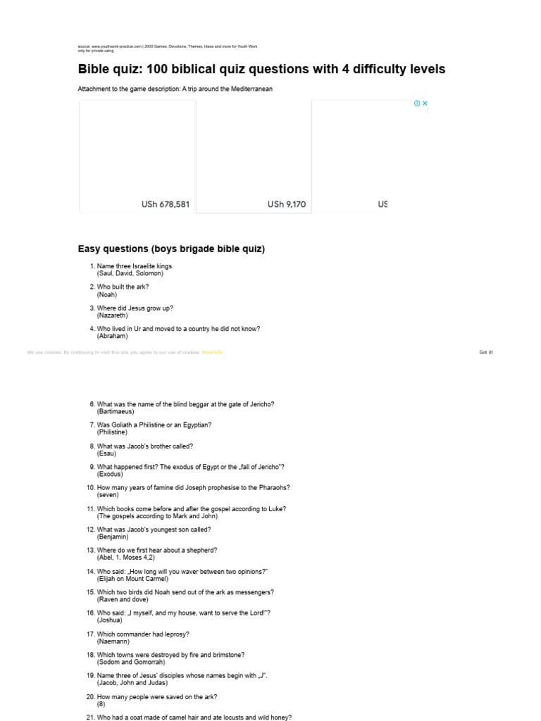 Bible Quiz - 100 Biblical Quiz Questions With 4 Difficulty Levels | PDF ...