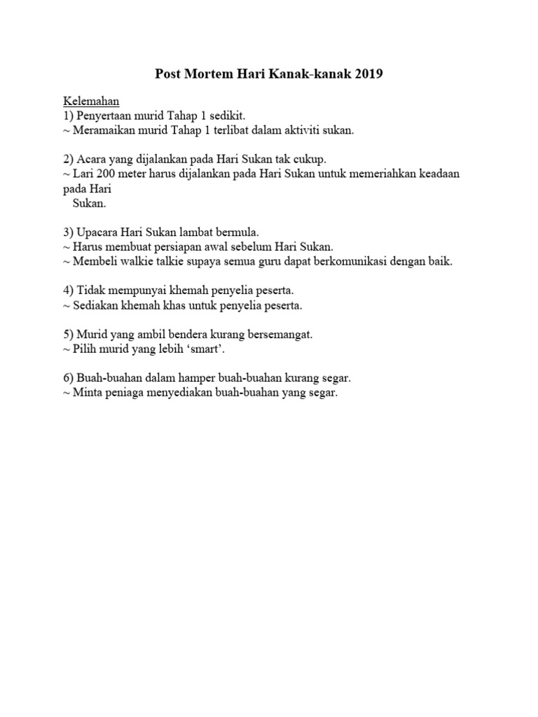 Post Mortem Sukan Tahunan Sekolah 2019 | PDF