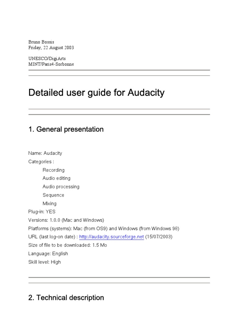 Detailed User Guide For Audacity: 1. General Presentation | PDF