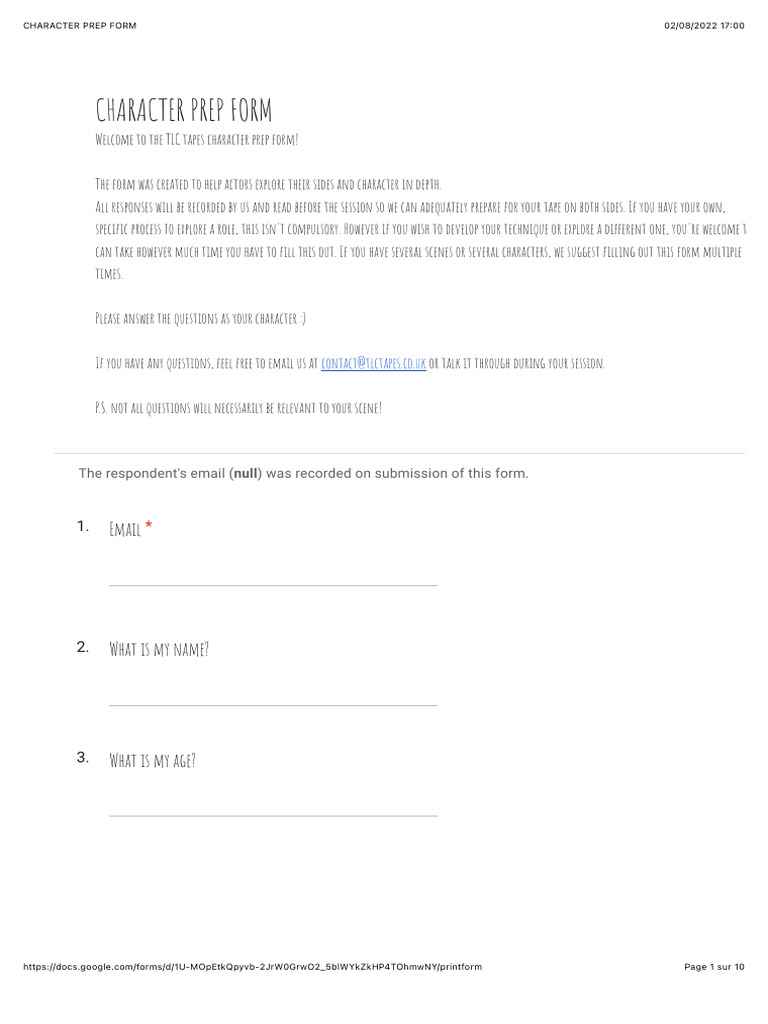 Acting Character Prep Form | PDF