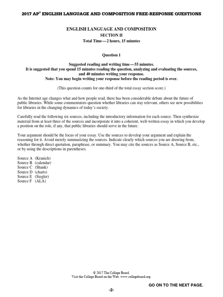 AP English Language and Composition 2017 Free-Response Questions | PDF ...