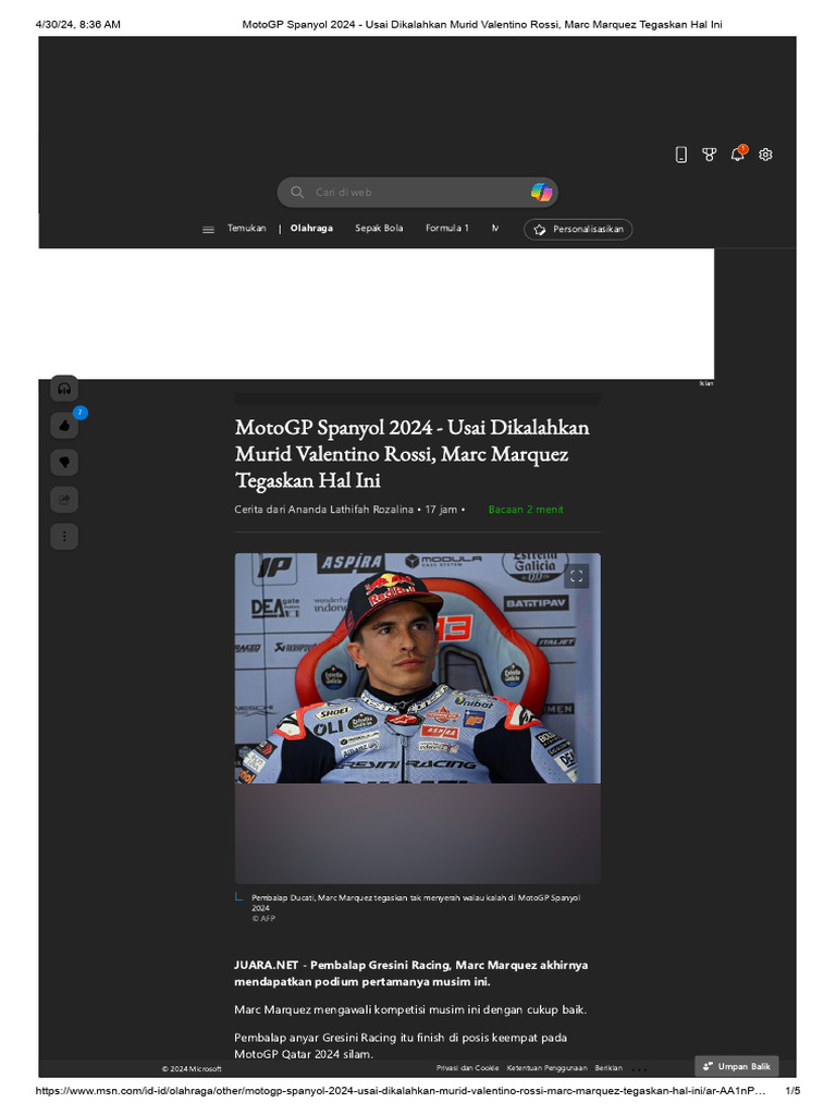 MotoGP Spanyol 2024 - Usai Dikalahkan Murid Valentino Rossi, Marc Marquez Tegaskan Hal Ini | PDF