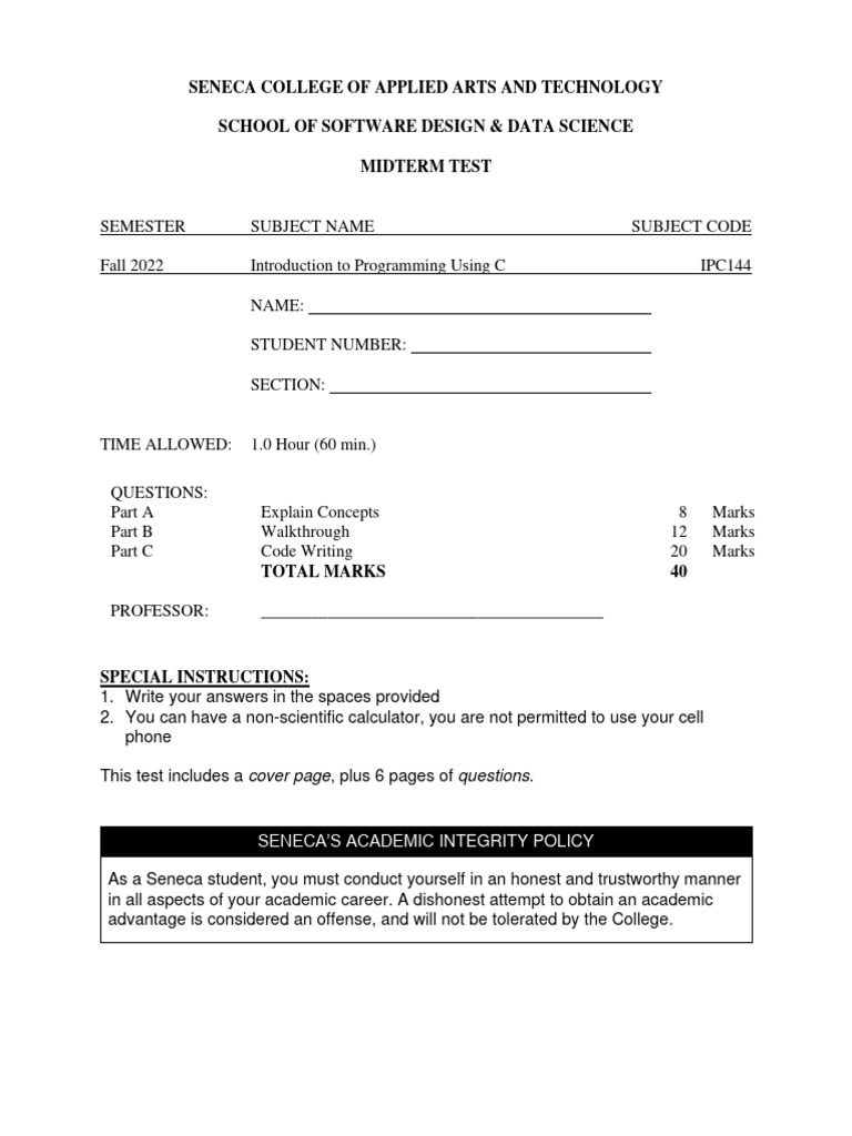 Sample IPC144 Midterm | PDF | Computer Program | Programming