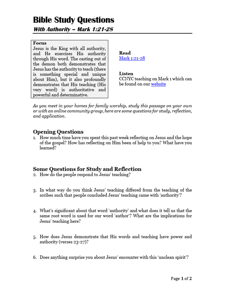 Authority of Jesus in Mark 1:21-28 | PDF | Jesus | Gospel Of Mark