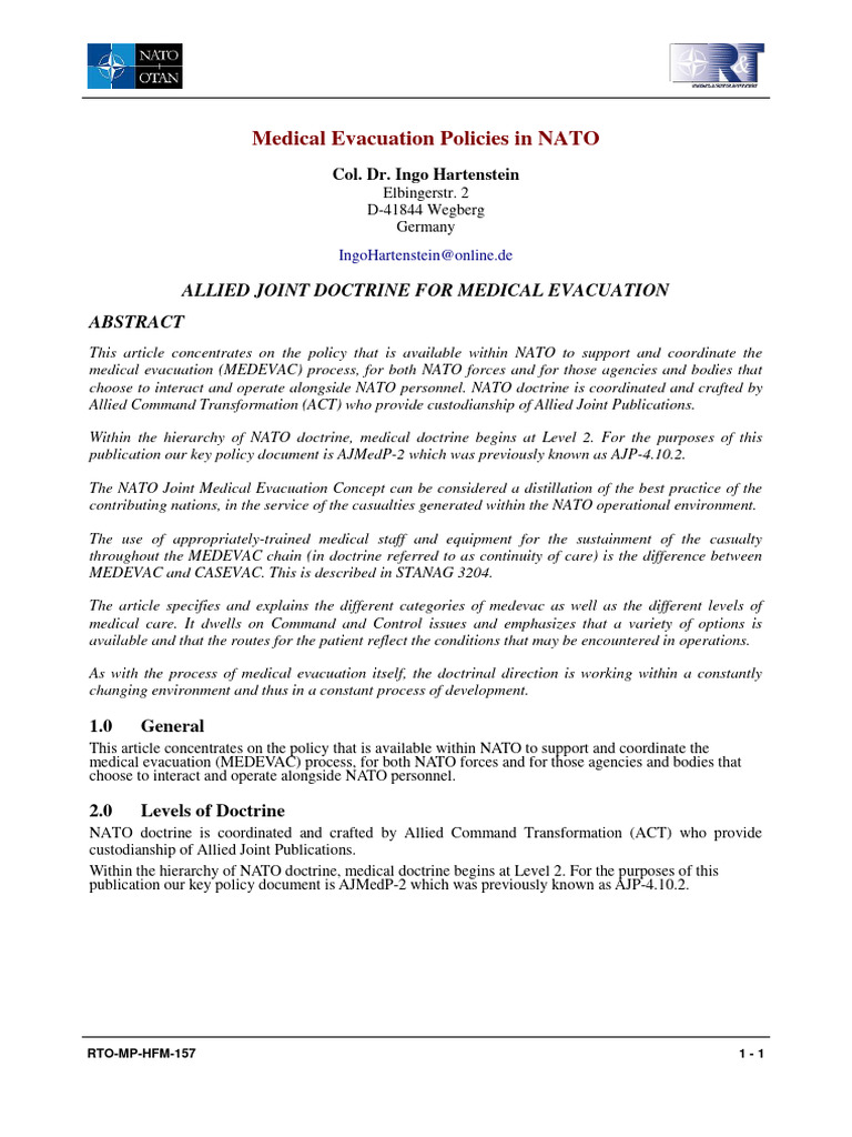Nato Medical Evacuation Policies in Nato MP HFM 157 01 | Download Free ...