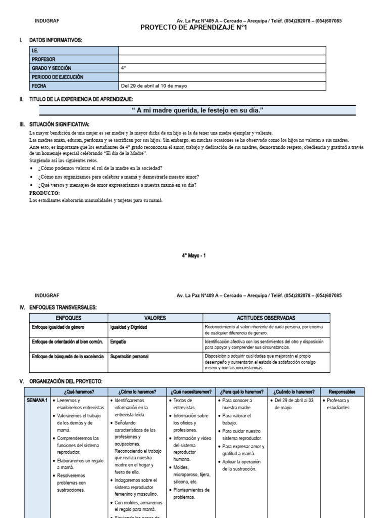 4° Grado - Proyecto de Aprendizaje N°01 | Descargar gratis PDF | Aprendizaje | Multiplicación