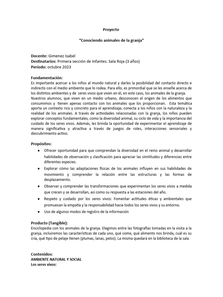 Proyecto Conociendo Los Animales de La Granja | PDF | Aprendizaje ...