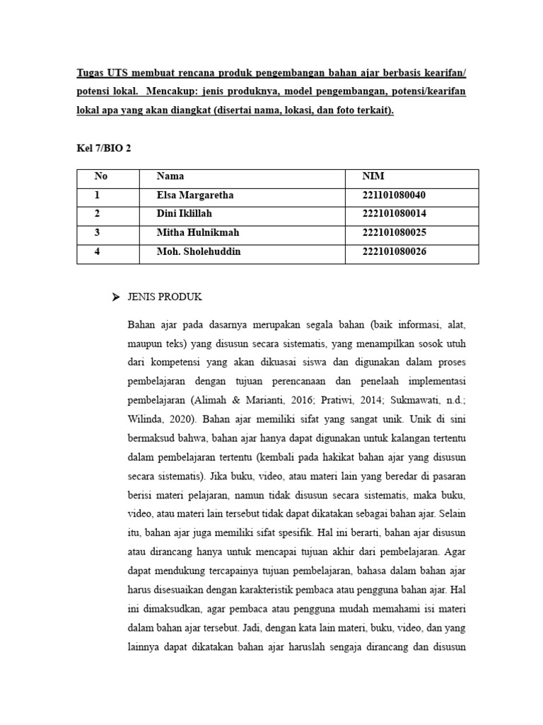 Tugas UTS Membuat Rencana Produk Pengembangan Bahan Ajar Berbasis Kearifan Lokal-1 | PDF