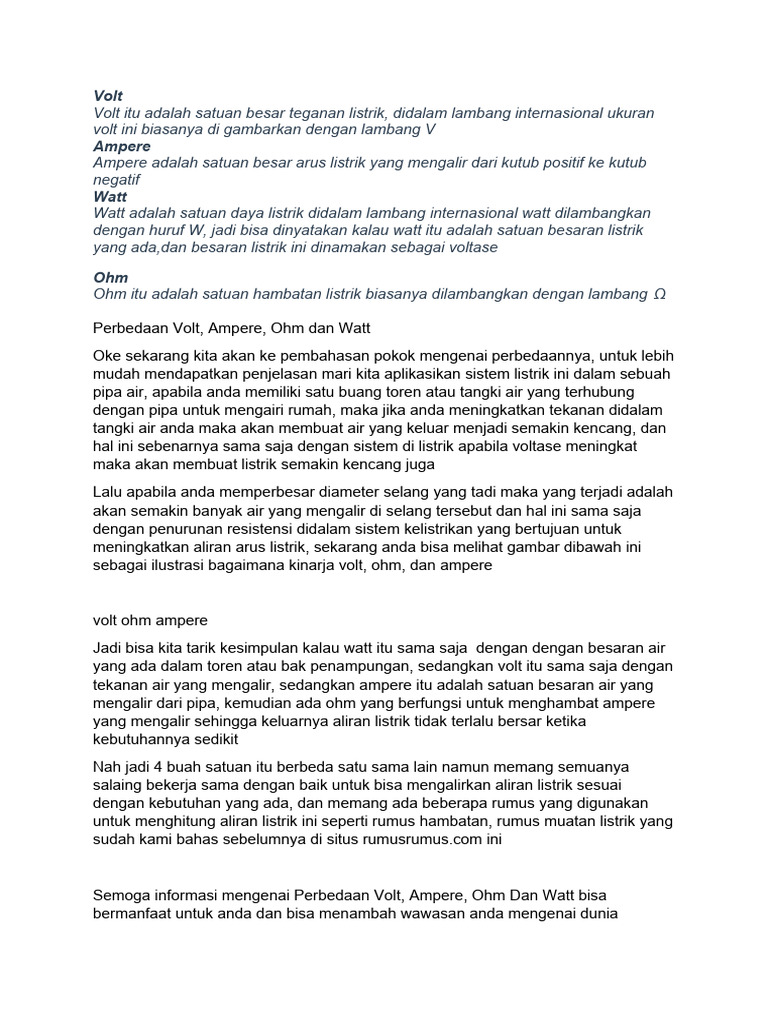 Perbedaan Volt Ampere Ohm Dan Watt Pdf