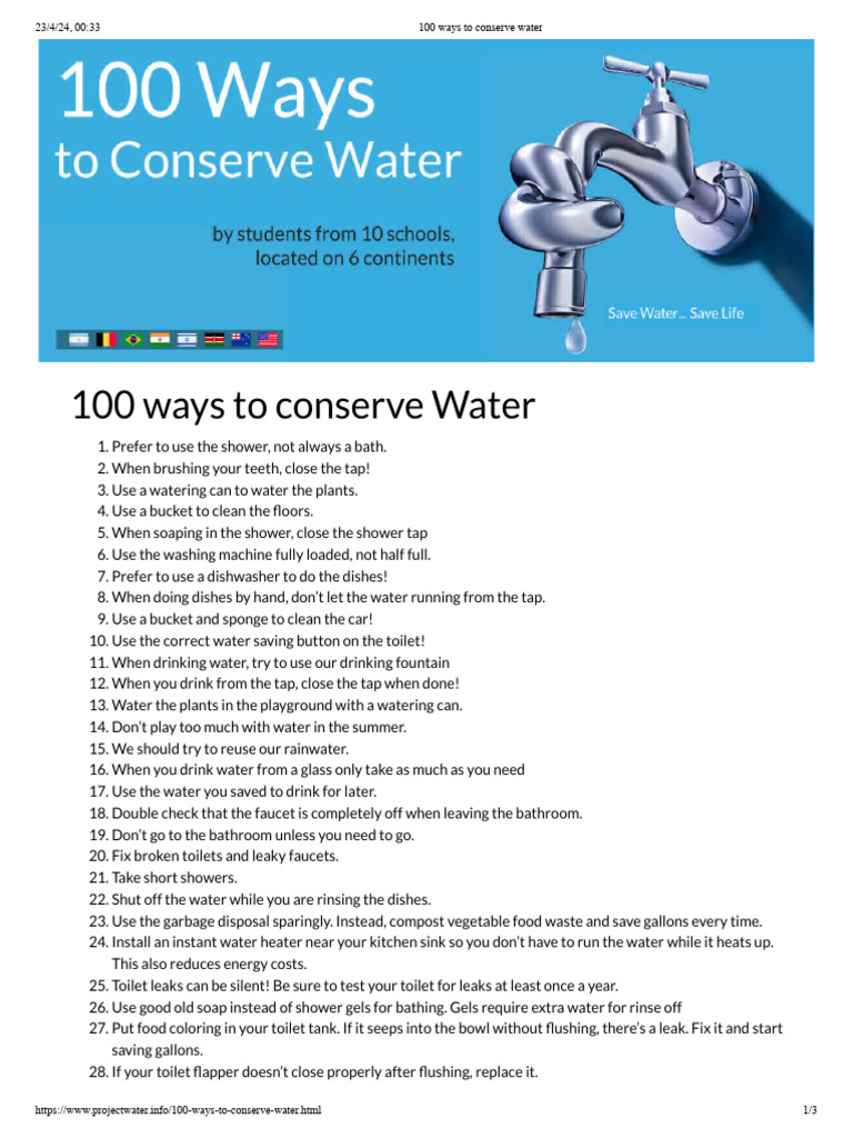 100 ways to conserve water | PDF | Water Conservation | Tap (Valve)