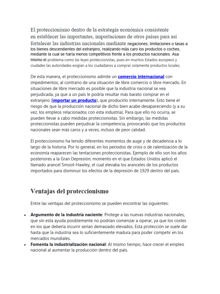 El Proteccionismo Dentro de La Estrategia Económica Consistente en | PDF | Proteccionismo | Gran ...