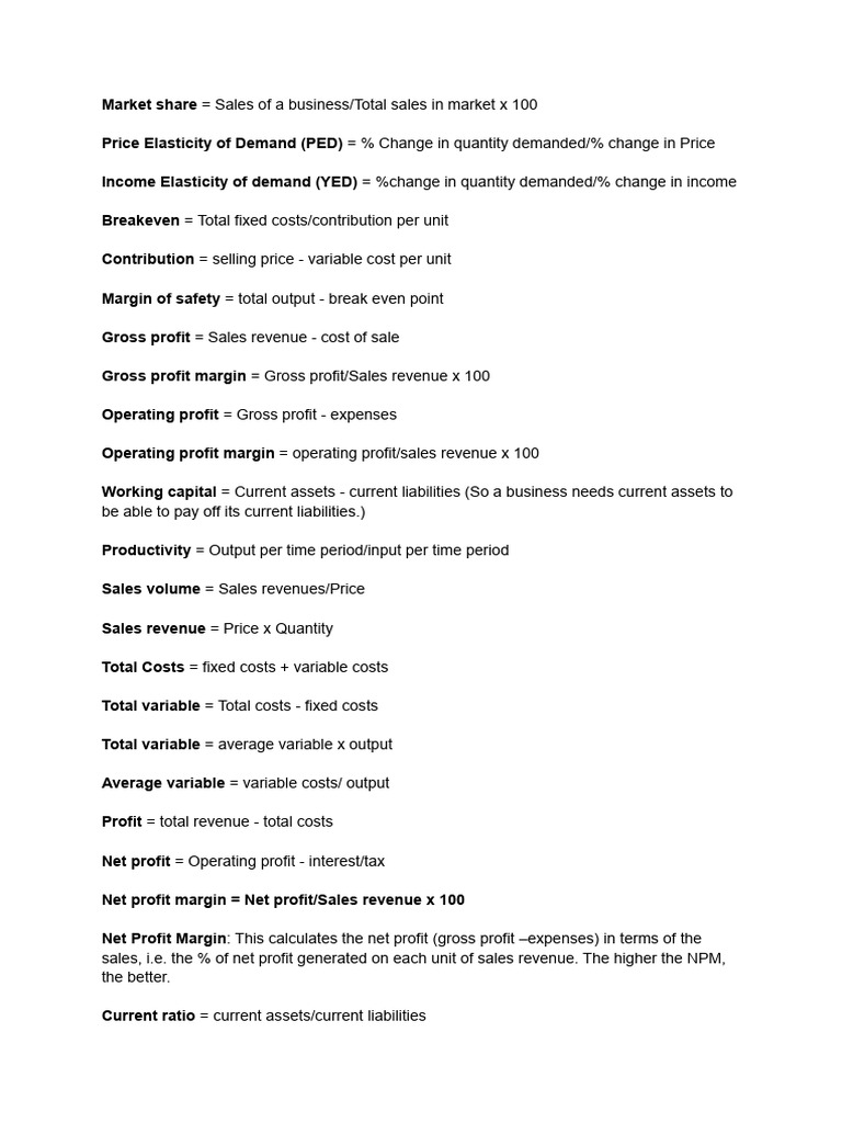 A-Level Business Calculation Formulas | PDF | Investing | Dividend