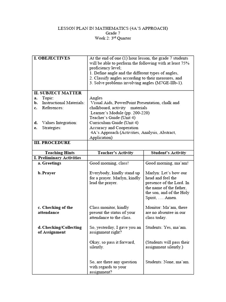 LESSON PLAN (4a's) | Download Free PDF | Triangle | Angle