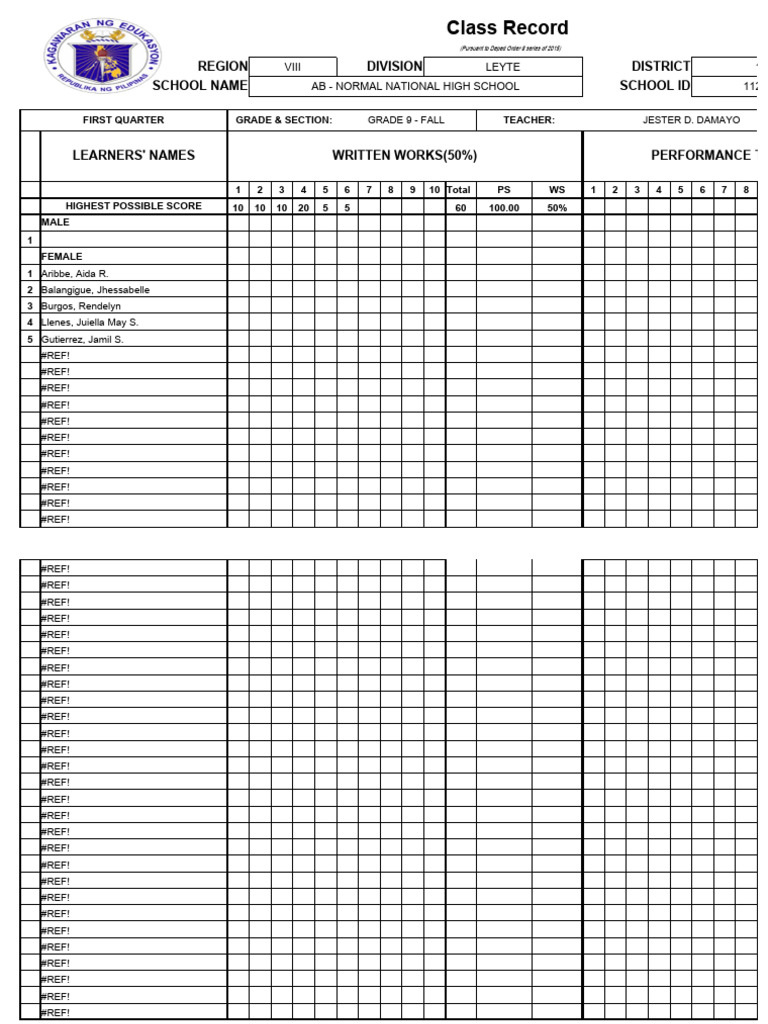 Completed Class Record Grade 9 Mathematics Pdf