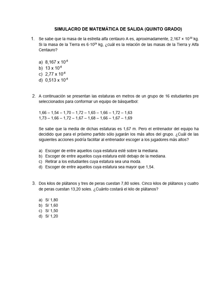 Examen Simulacro Matemática | PDF