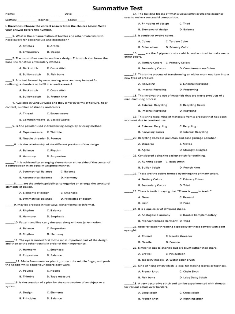 Summative Exam Grade8 | Download Free PDF | Needlework | Textiles