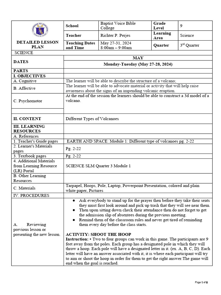 DETAILED LESSON PLAN Rich | PDF | Volcano | Types Of Volcanic Eruptions