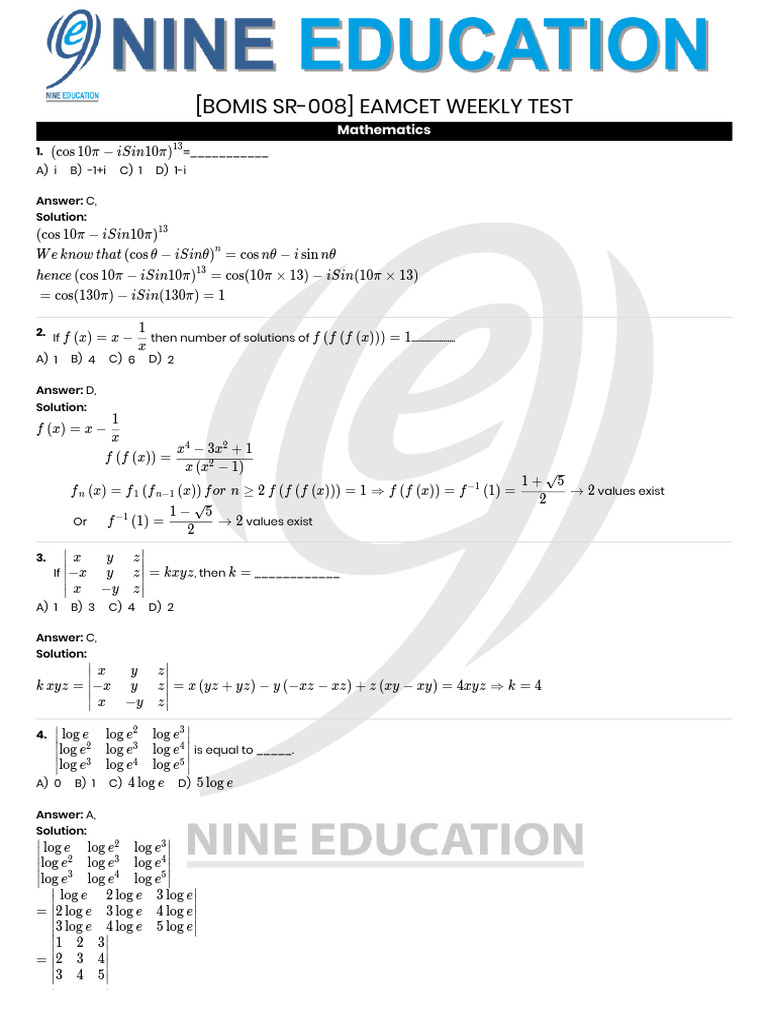 Bomis Sr 008 Eamcet Weekly Test Results And Solutions Pdf Function Mathematics