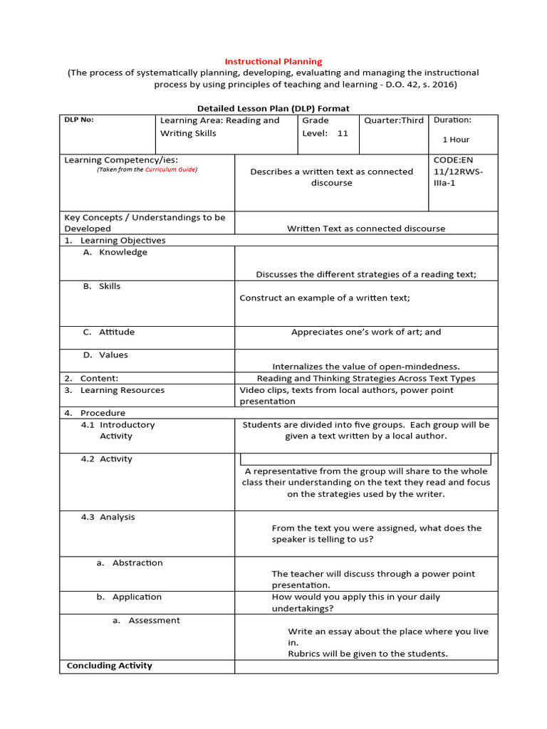 DLP Reading - Writing 1 | PDF | Learning | Lesson Plan