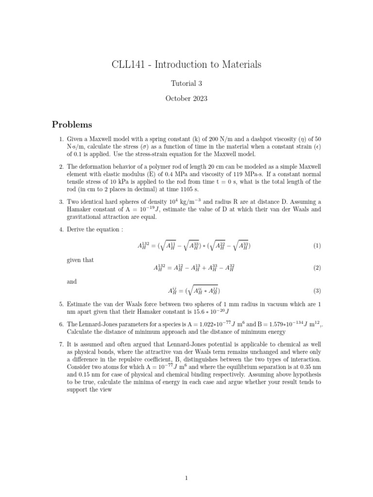 Tutorial 3 CLL141 | Download Free PDF | Viscoelasticity | Deformation ...