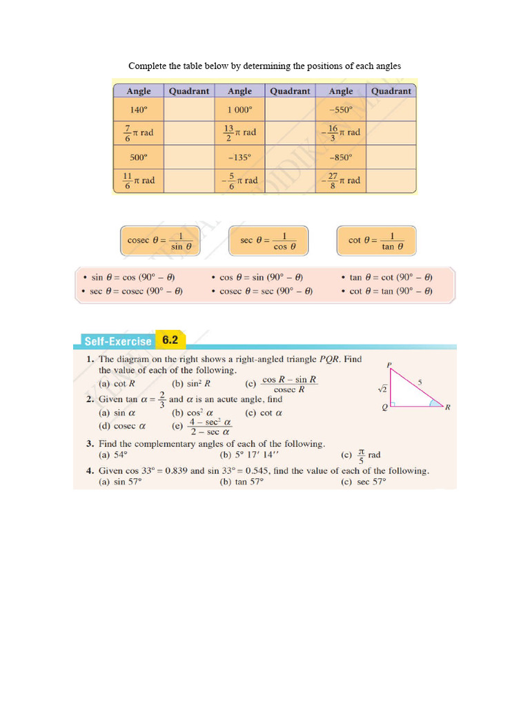 Complete The Table Below by Determining The Positions of Each Angles | PDF