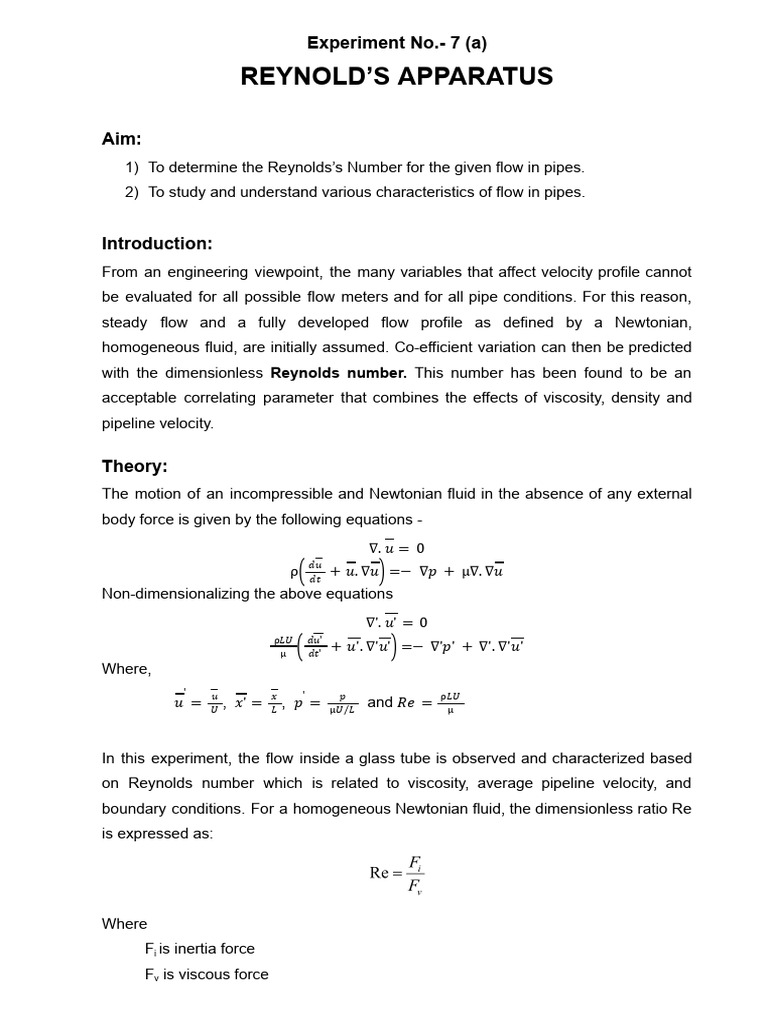 7 (A) Reynolds Apparatus | PDF | Reynolds Number | Fluid Dynamics