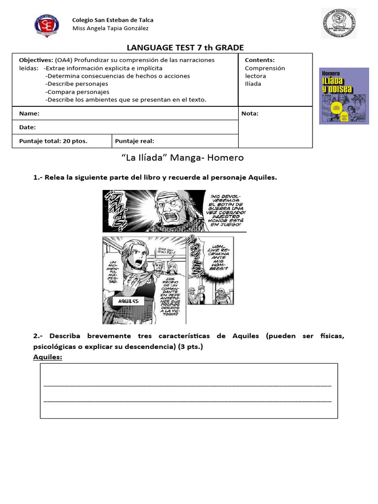 Adecuación Evaluación 7mo Ilíada Vásquez, Celi, Severino | PDF | Ilíada ...