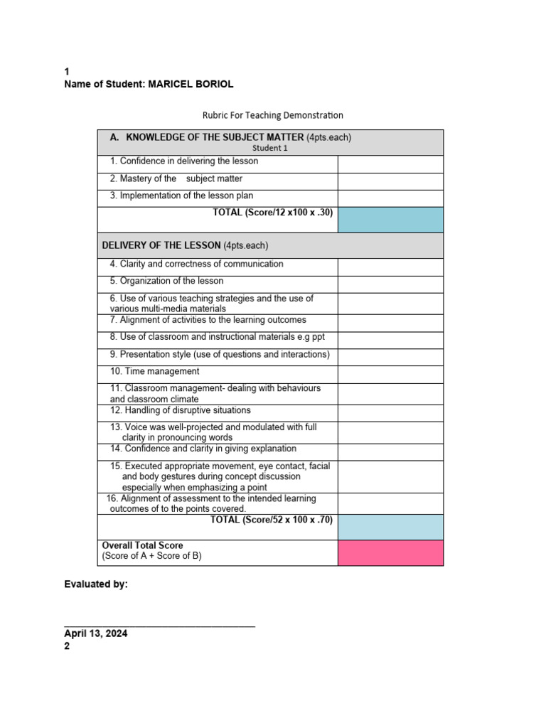Teaching Demo Score Sheet Batch 1 April 13 2024 1 | PDF | Classroom ...