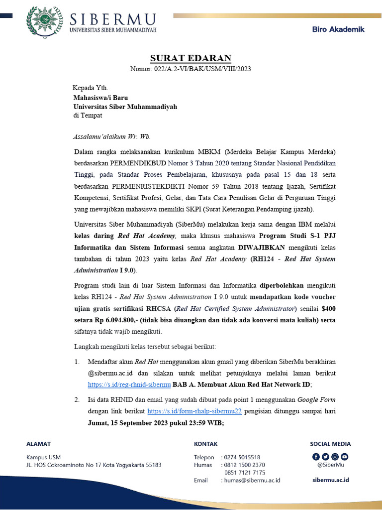022 - A.2-VI - BAK - USM - VIII - 2023 Surat Edaran Mahasiswa Red Hat | PDF | Komputer